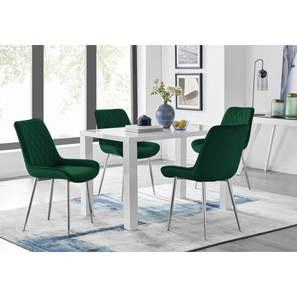 East Urban Home Eubanks High Gloss 4 Seat Rectangular Dining Table Set with Velvet Upholstered ...